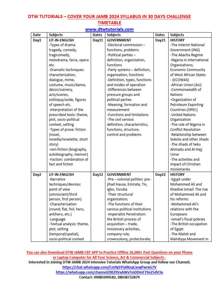 Govt Hist Lit Eng Timetable - DTW Tutorials Jamb 2024 | PDF | Nigeria | Mobile App