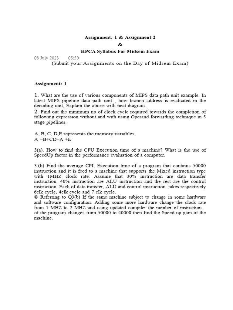 HPCA Assignment 1& 2 For Improvement & Backlog | PDF | Central Processing Unit | Computer Science