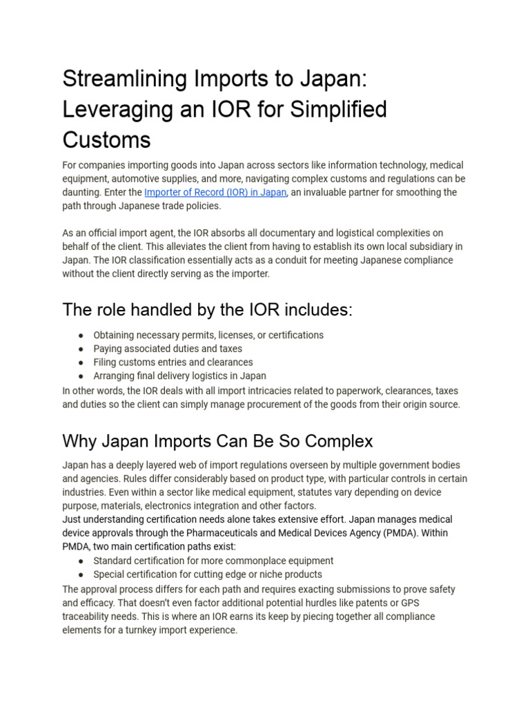 Streamlining Imports To Japan: Leveraging An IOR For Simplified Customs | PDF | Supply Chain ...