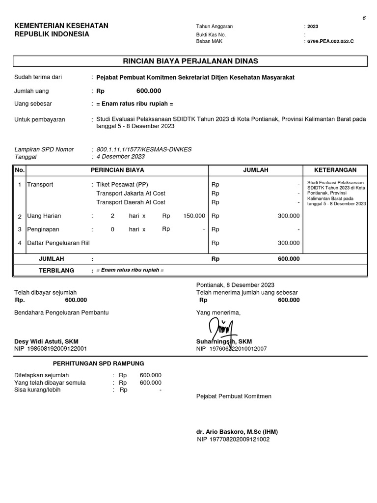 SPJ Studi Evaluasi SDIDTK 5-8 Des 2023 - Dinkes Provinsi | PDF