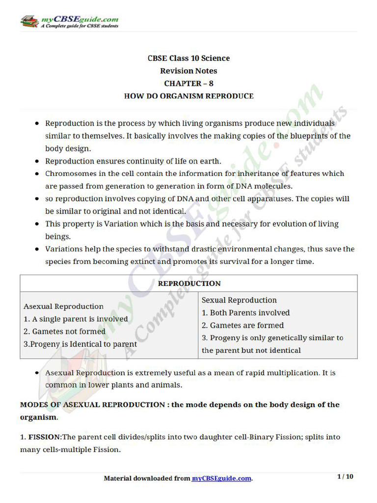 10 Science Notes 08 How Do Organisms Reproduce 1 | PDF