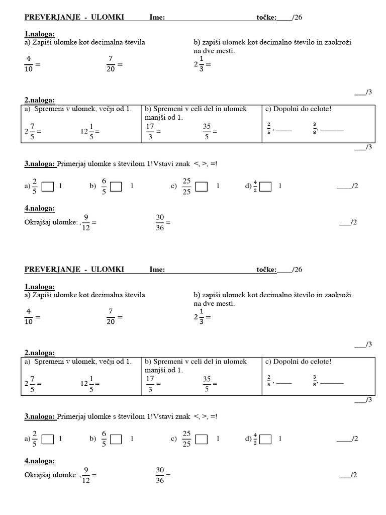 1a1 Utrjevanje Ulomki Sploc5a1no Z Rec5a1itvami | PDF