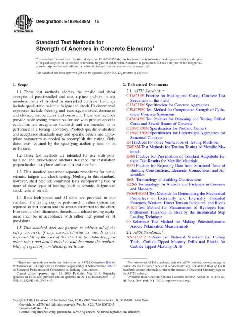 ASTM - E488E488M - 15 - Standard Test Methods For Strength of Anchors ...