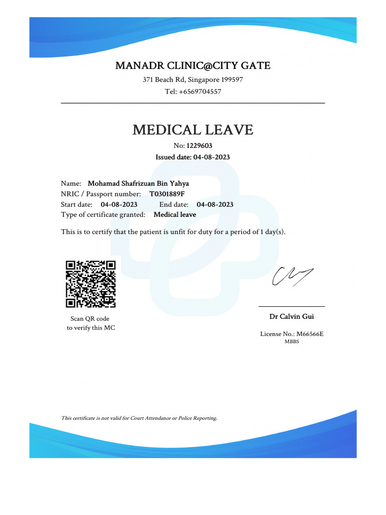 Medical Leave Certificate for Mohamad Shafrizuan | PDF