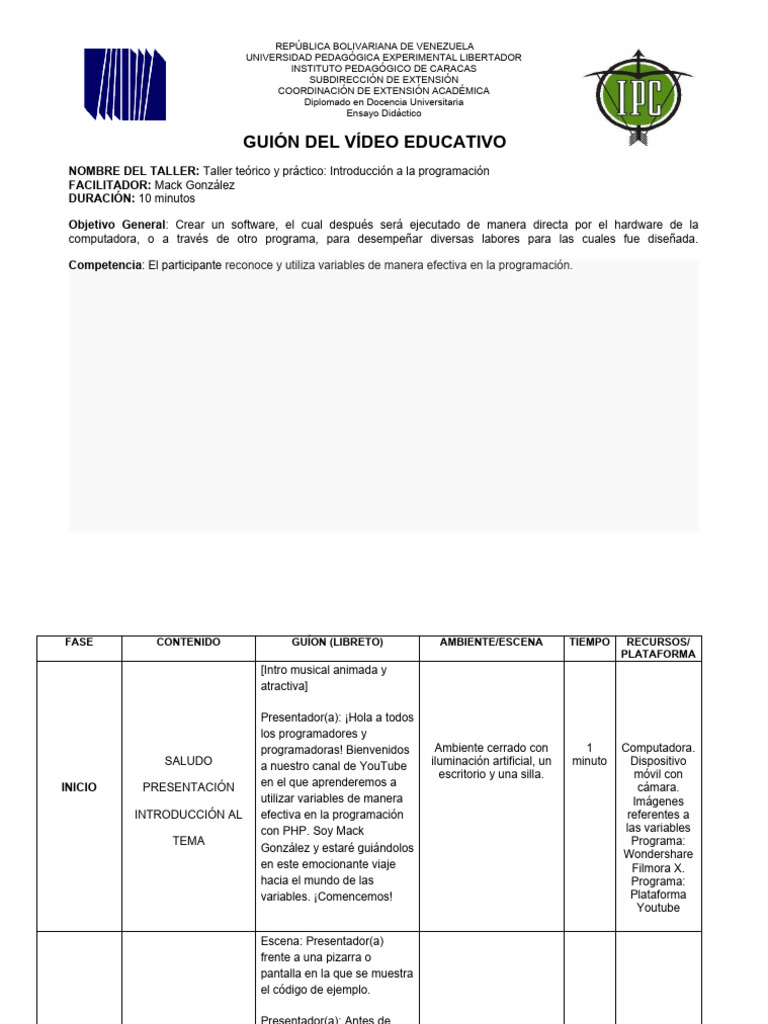 Formato-Guion Video-Mack Gonzalez | PDF | Programa de computadora | Programación