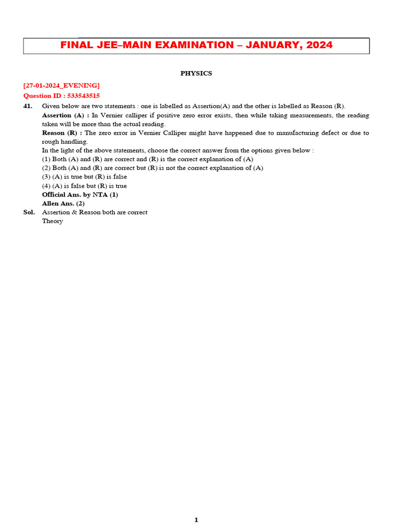Bonus Questions For Physics Jee Mains 2024 Session 1 (January) | PDF ...