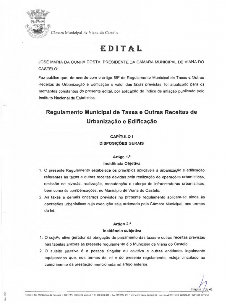 Regulamento Municipal de Taxas e Outras Receitas de Urbanizacao e Edificacao 2019 | PDF