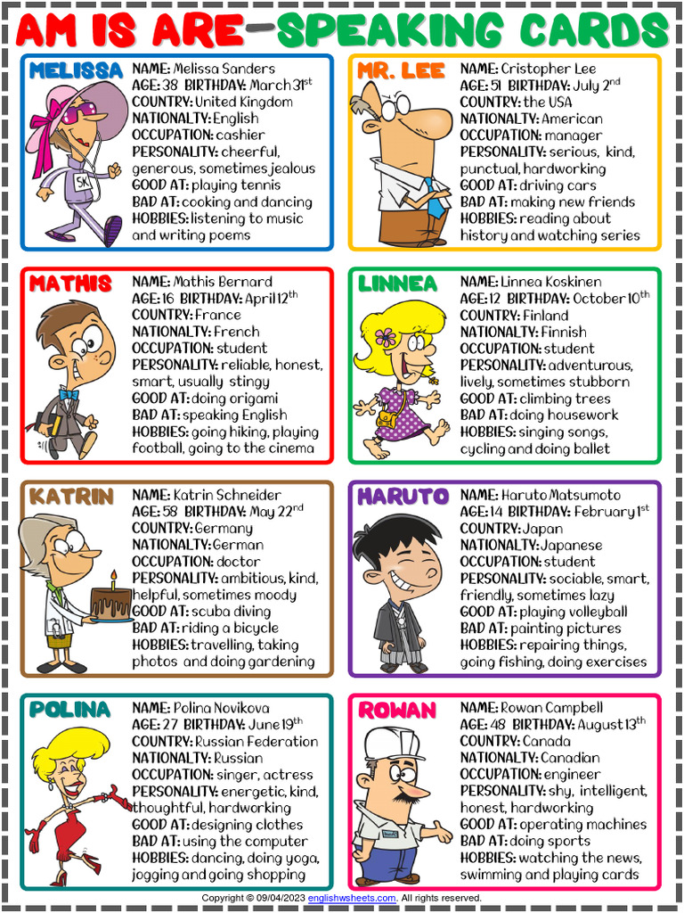 Am Is Are Esl Printable Speaking Activity Cards Worksheet | PDF
