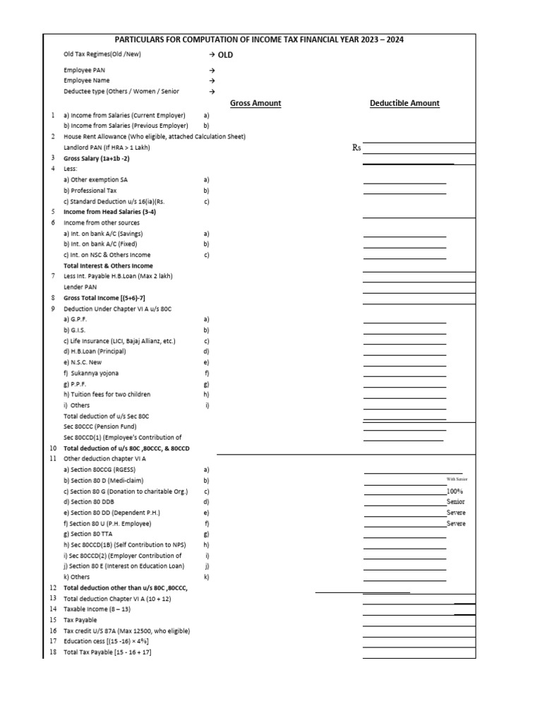 PARTICULARS FOR F.Y. 2023 - 24 Old Formate | PDF | Tax Deduction | Taxes