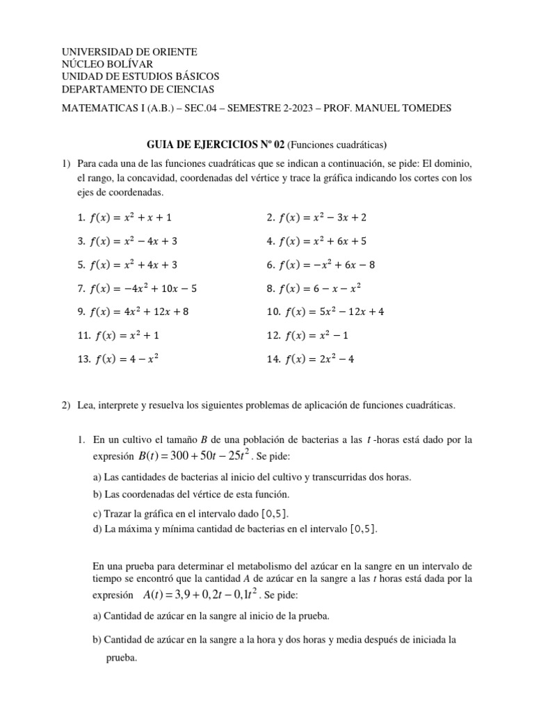Guia de Ejercicios #02 Mat I (Ab) - F Cuadráticas | PDF | Factorización | Multiplicación