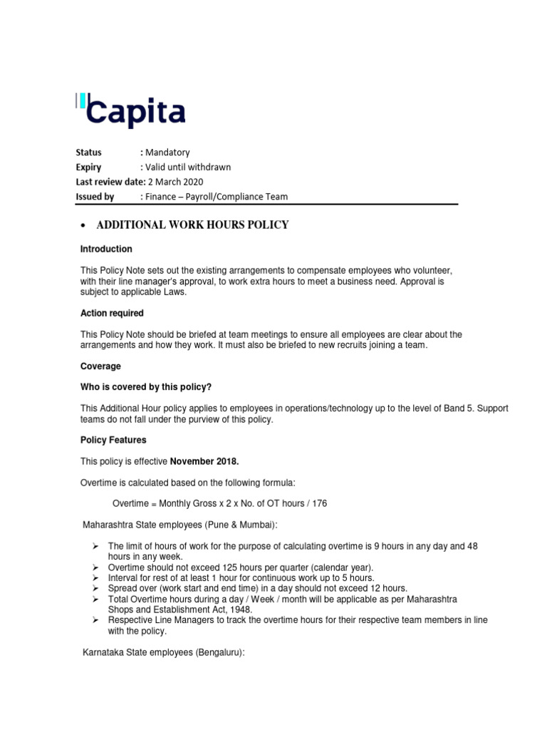 Additional Work Hours Policy V2 | PDF | Overtime | Payroll