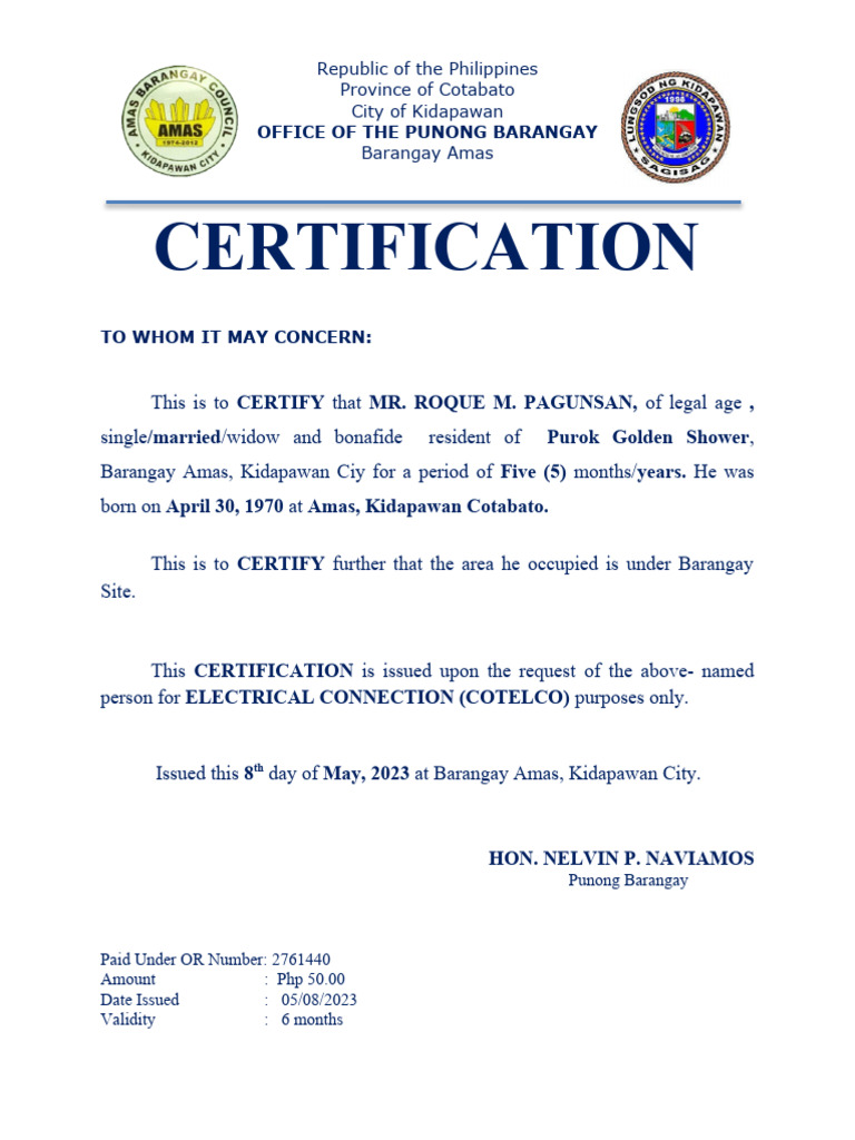 Certificate of Barangay Site | PDF