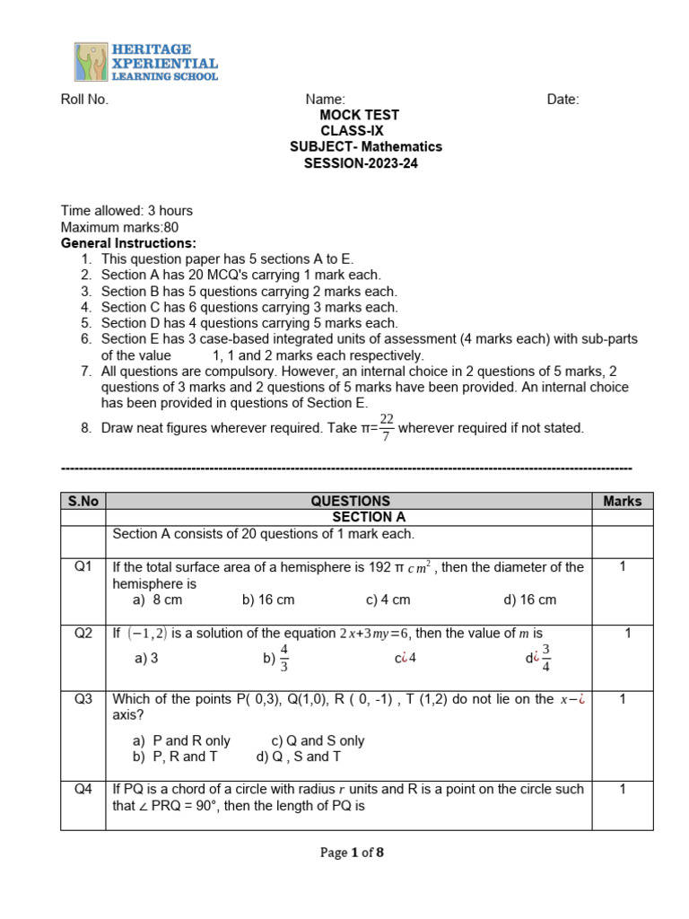 Class IX Mathematics Mock Test 2023-24 | PDF | Rectangle | Area