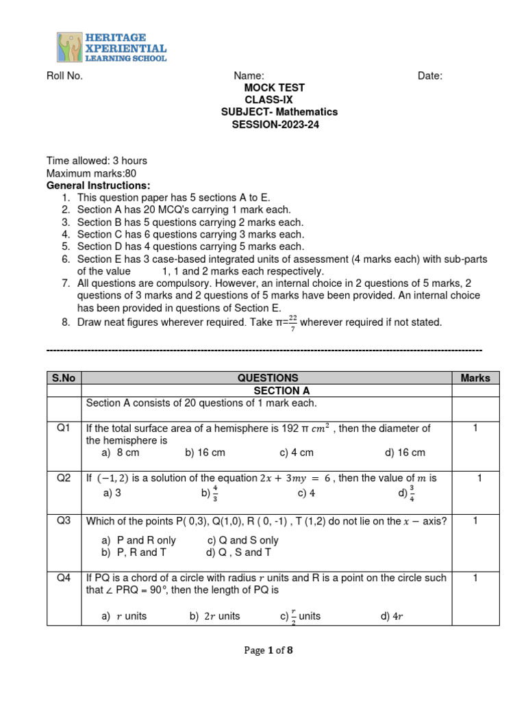 Class 9 Mathematics Mock Test 2023-24 | PDF | Rectangle | Euclidean ...