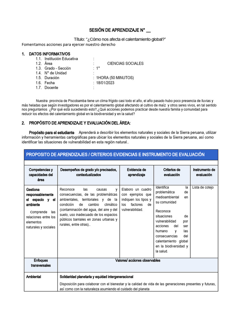 SESIÓN de APRENDIZAJE CCSS Competencia Gestiona El Ambiente2023 | PDF | Entorno natural | Evaluación