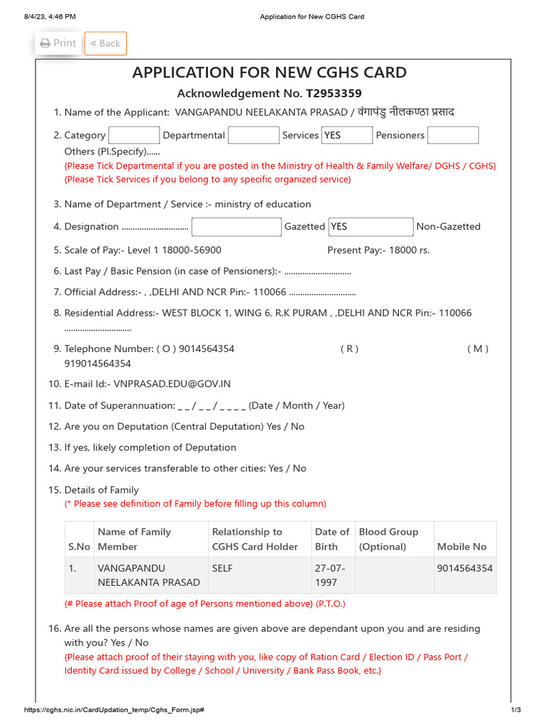 Application For New CGHS Card | PDF | Identity Document | Government