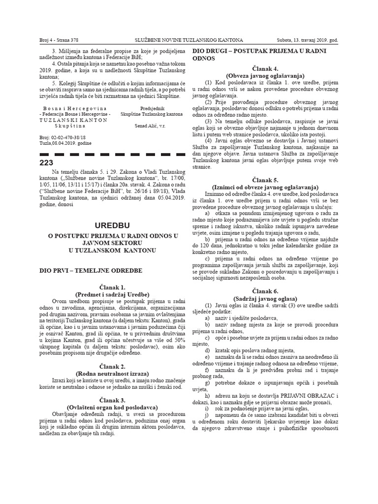 Uredba o Postupku Prijema U Radni Odnos U Javnom Sektoru Tuzlanskog Kantona Sa Izmjenama I ...