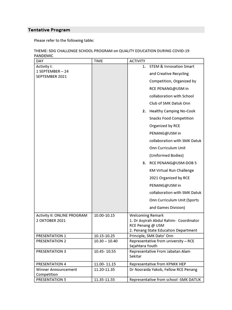 Tentative Program SDG Challenge | PDF | Sustainability | Malaysia
