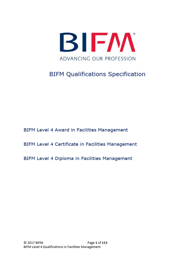 UK BIFM, BIFM Level 4 Qualification Specification Jan 2018 | PDF | Educational Assessment | Learning