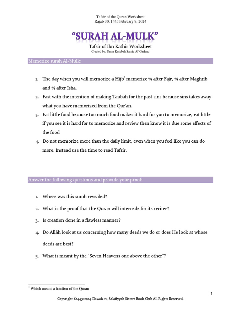 Tafsir of Ibn Kathir Worksheet Surah Mulk | PDF | Quran | Islam