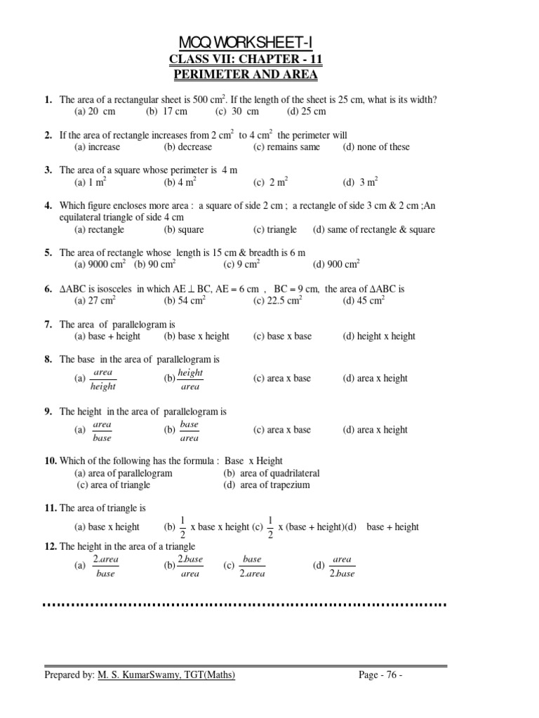 Perimeter And Area Class 7 Pdf Area Circle
