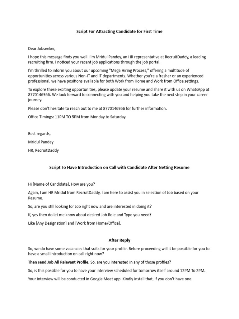 Script For Opening As HR | PDF | Recruitment | Business