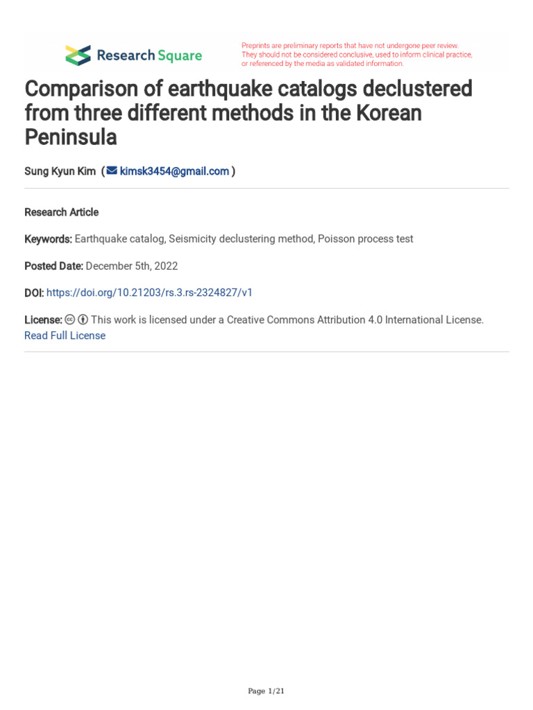 Comparison of Earthquake Catalogs Declustered From | PDF | Earthquakes | Moment Magnitude Scale