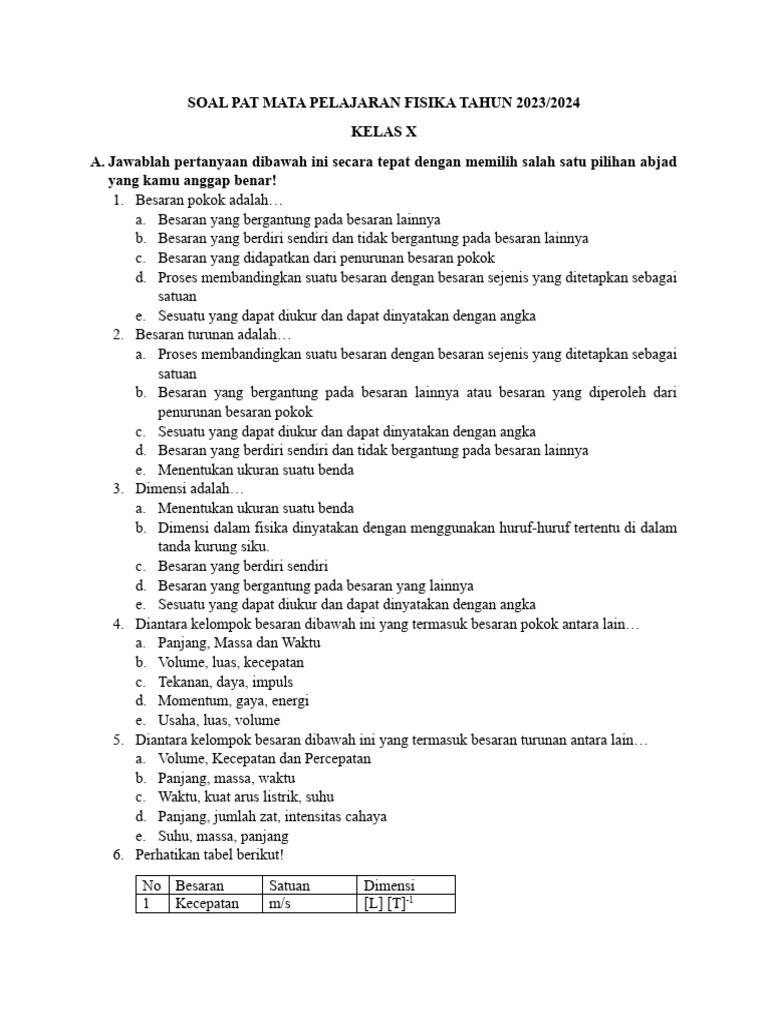 Soal Pat Mata Pelajaran Fisika Tahun 2023 | PDF