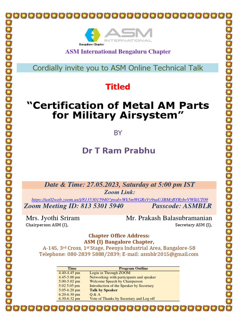 ASM-Tech Talk Invitation - 27-5-2023 - DR T Ram Prabhu | PDF