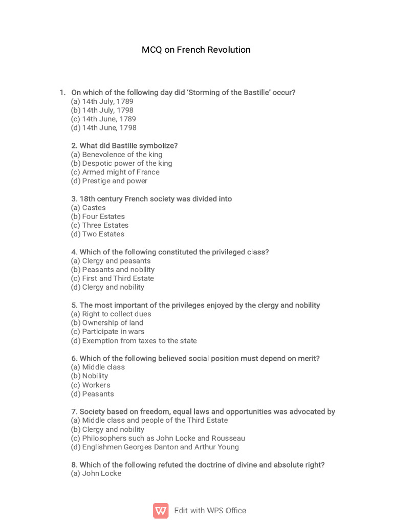 French Revolution Quiz | PDF | French Revolution | Democracy