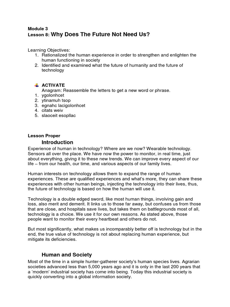 STS Module 3 Lesson 8 | PDF | Technological Singularity | Human