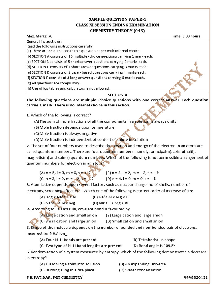Chemistry Sample Papers Class Xi | PDF | Mole (Unit) | Gibbs Free Energy