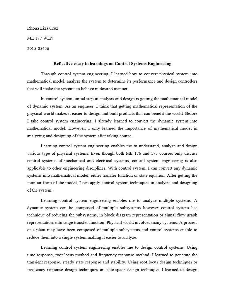 Reflective Essay in Learnings On Control Systems Engineering | PDF | Control Theory | System