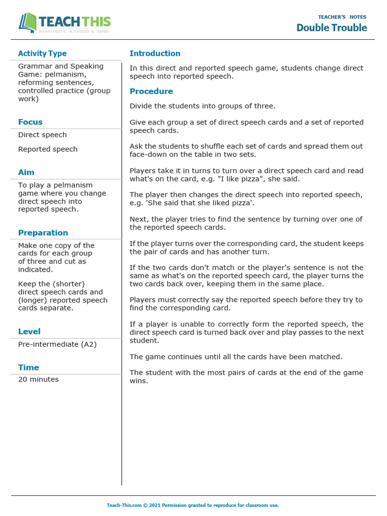 Reported Speech Card Game Guide | PDF