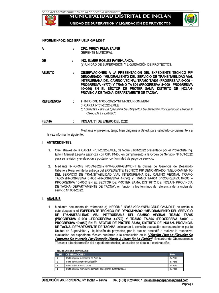 Informe #042-2022-ERP-USLP-GM-MDI - OBSERVACIONES AL EXP. TECNICO ...