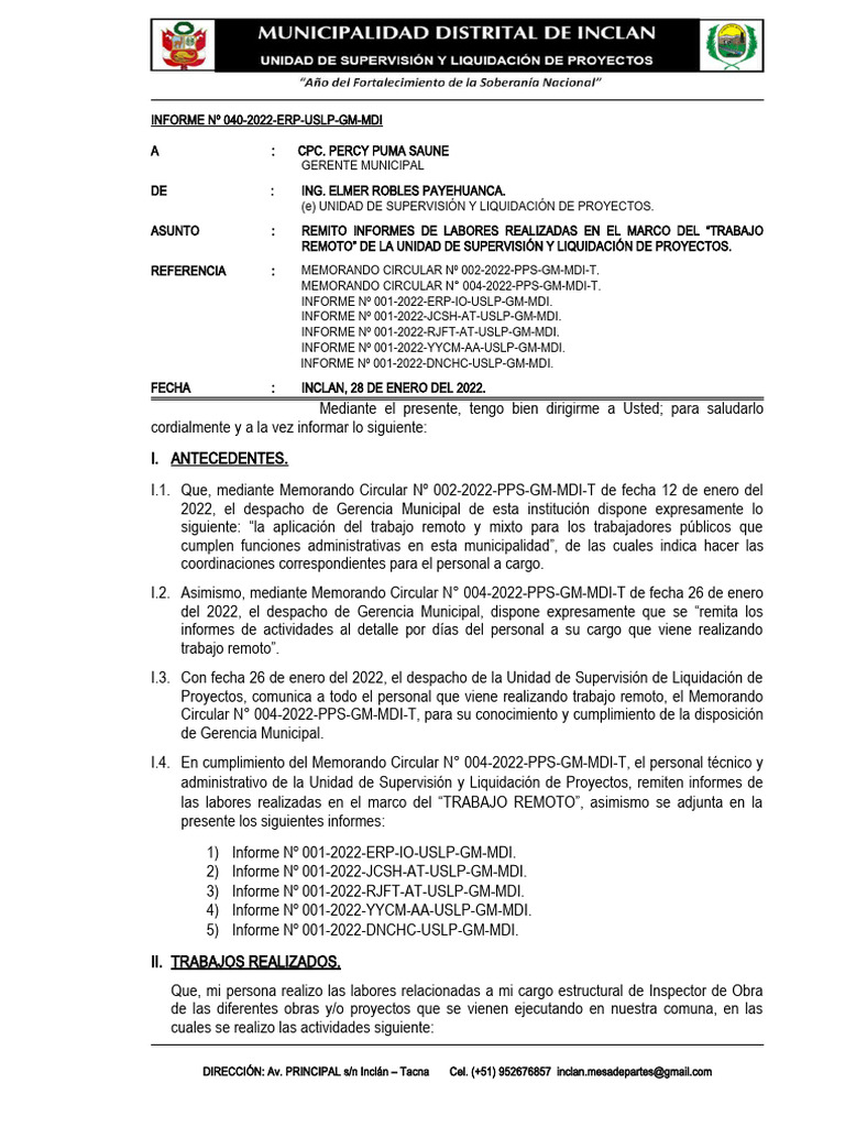 Informe #040-2022-ERP-USLP-GM-MDI - REMITO INFORMES SUSTENTATORIOS DEL ...