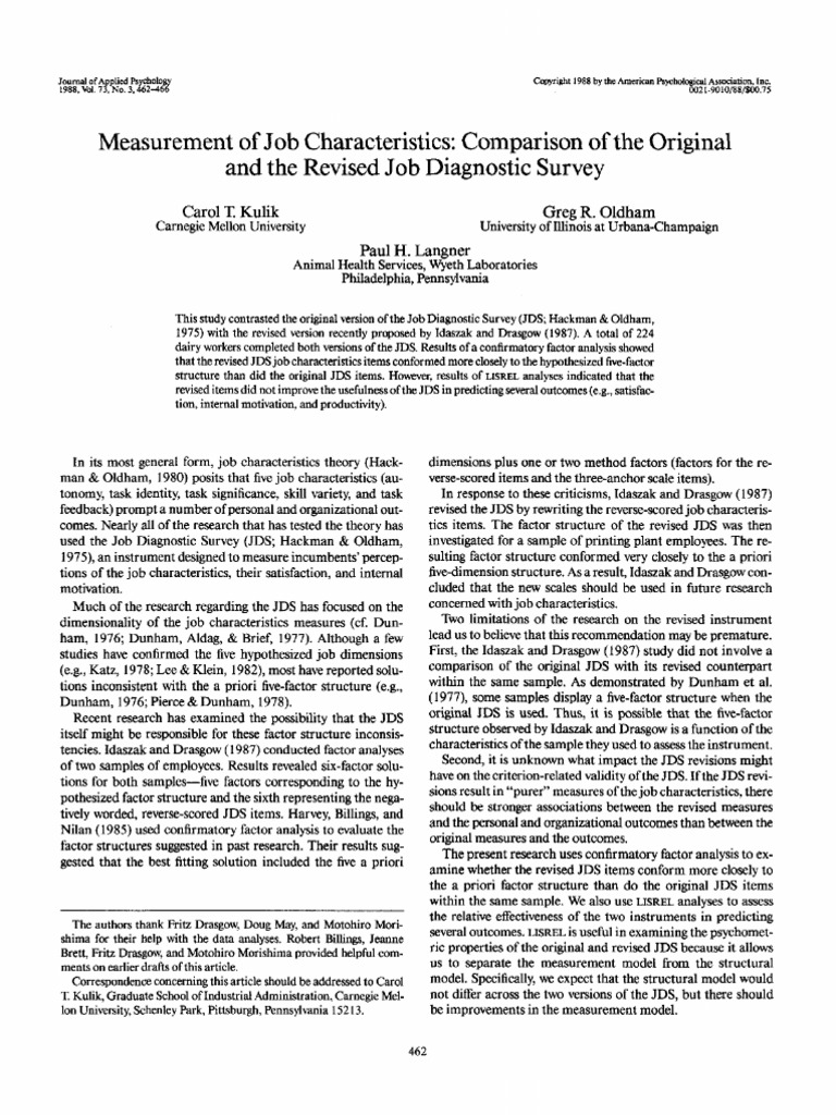 Measurement of Job Characteristics Comparison of T | PDF | Psychology ...