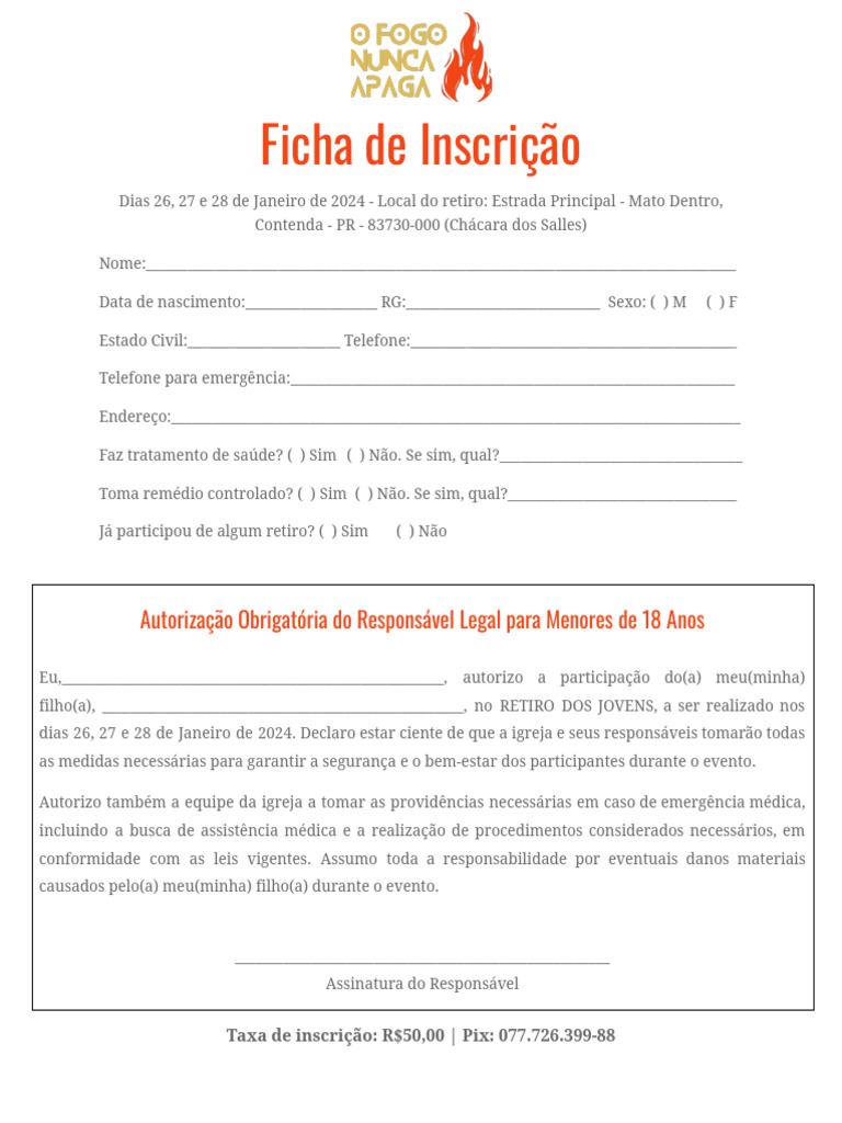 Ficha de Inscrição - Retiro dos Jovens | PDF