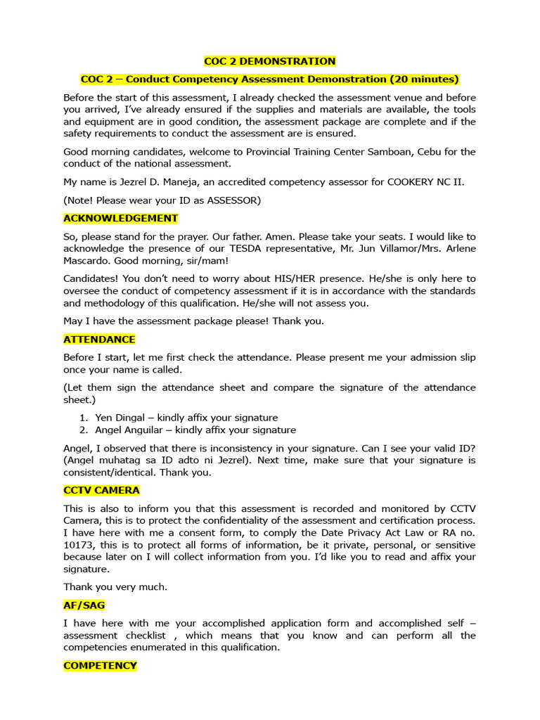 Coc 2 Demonstration Script | PDF | Cooking