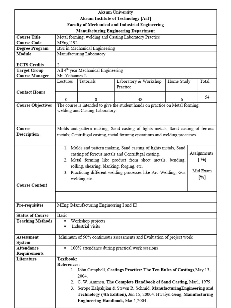 course outline for Metal forming , welding and Casting Laboratory Practice | PDF | Welding ...