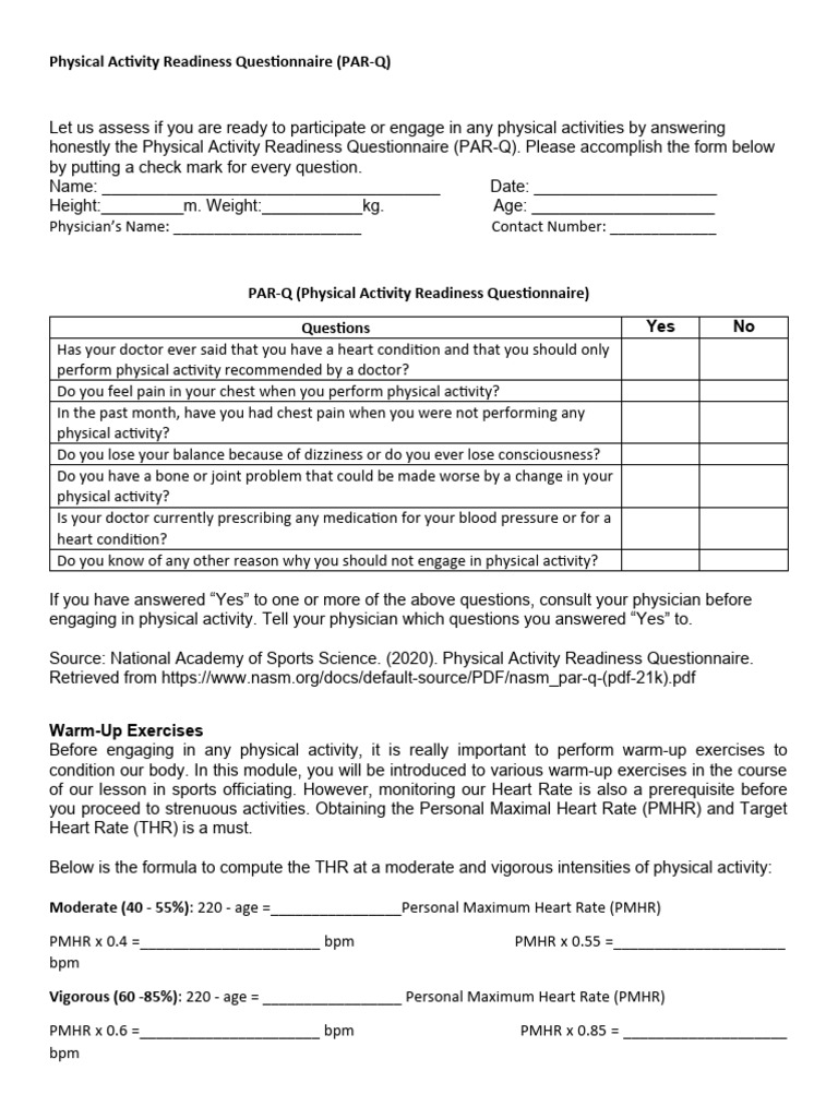Physical Activity Readiness Questionnaire | PDF | Heart Rate | Pain