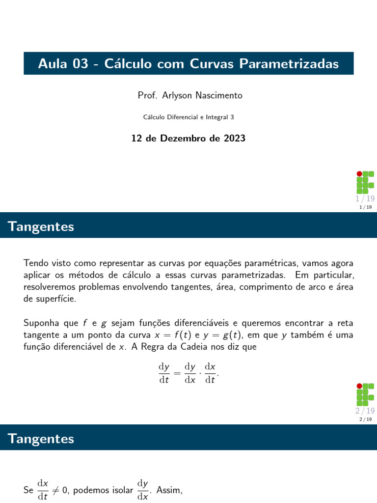 Aula 3 - Cálculo Com Curvas Parametrizadas | PDF | Cálculo | Curva