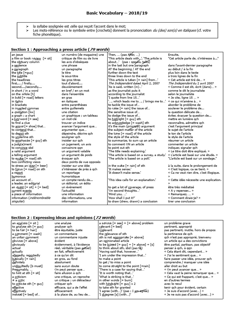 Vocabulaire de base – 2018/19 | PDF | Arts du langage et discipline