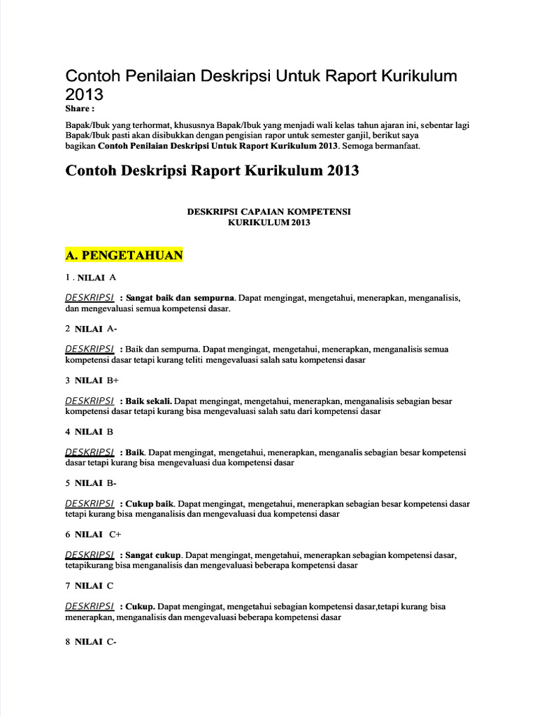 PDF Contoh Penilaian Deskripsi Untuk Raport Kurikulum 2013 Compress (1) | PDF