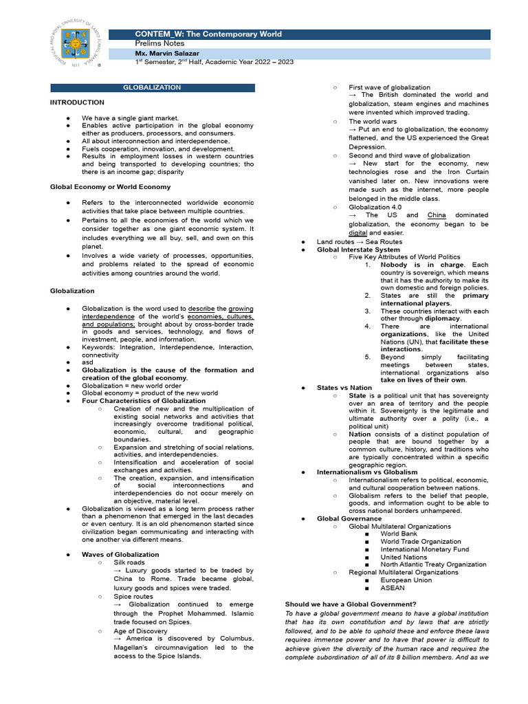 Contemporary World Notes | PDF | Globalization | Neoliberalism