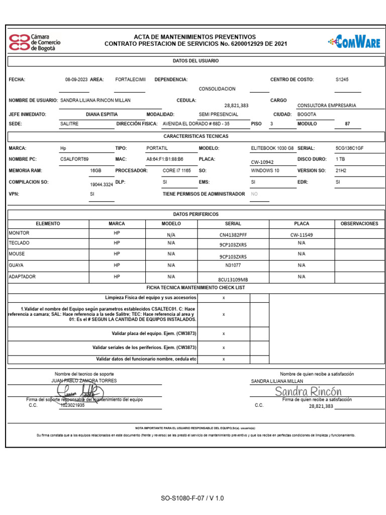 Acta para Uso Exclusivo de Mtto Preventivo - XLSM - Acta - Signed | PDF