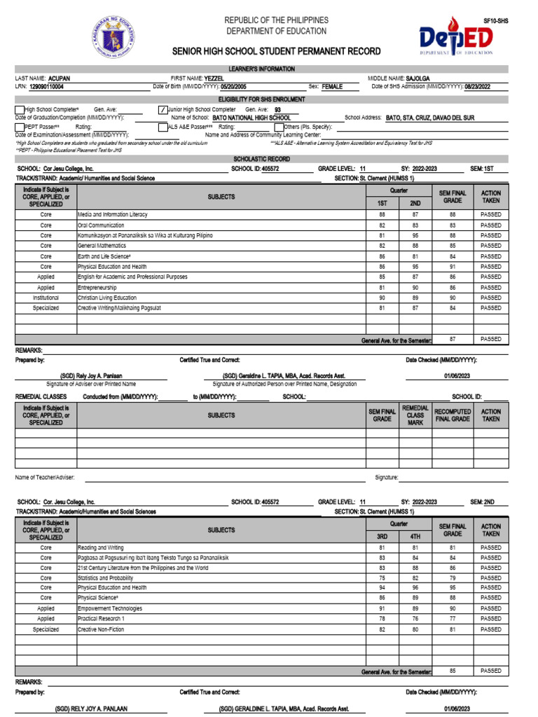 SF 10 SHS Senior High School Student Permanent Record | PDF SF 10 SHS Senior High School Student Permanent Record | PDF