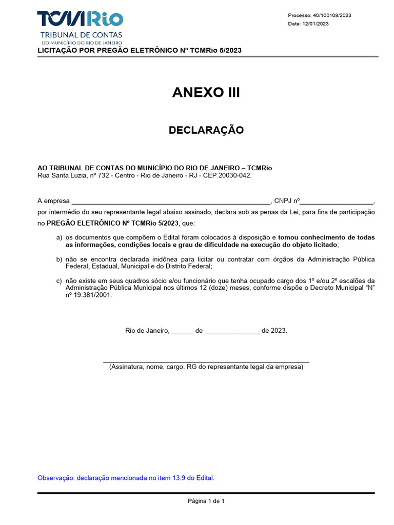 Anexo III - Modelo de Declaração | PDF