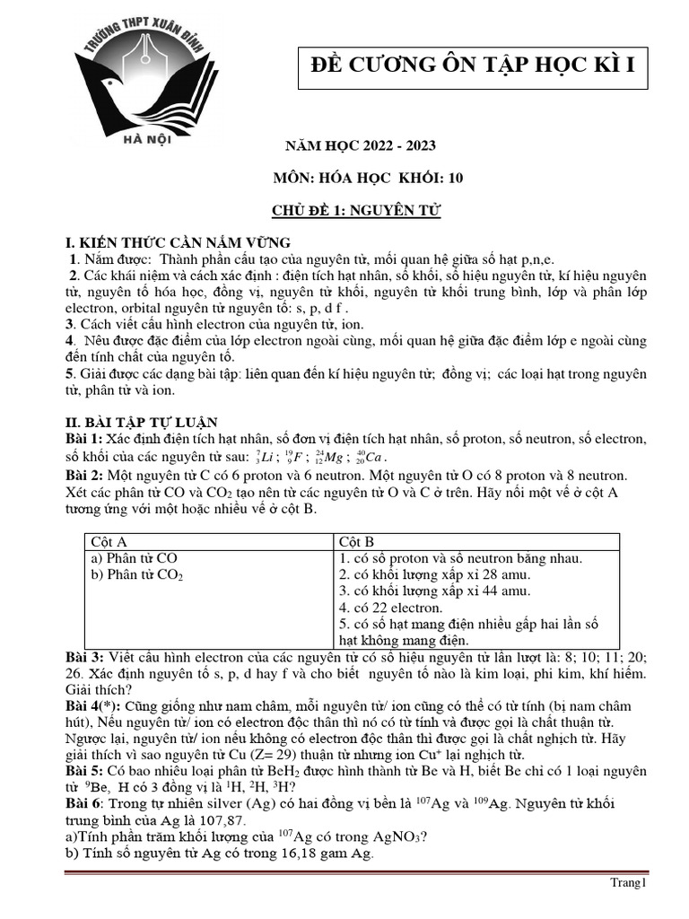 De Cuong On Tap Hoc Ki 1 Mon Hoa Hoc 10 Sach Ket Noi Tri Thuc | PDF