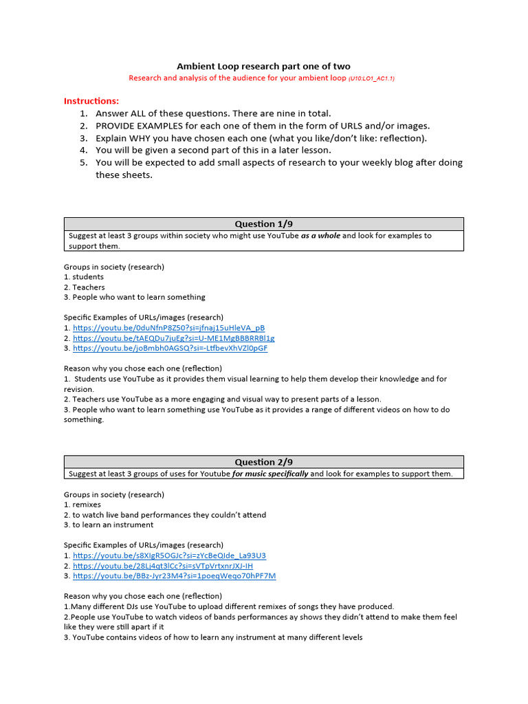 Research Worksheet One | PDF | You Tube